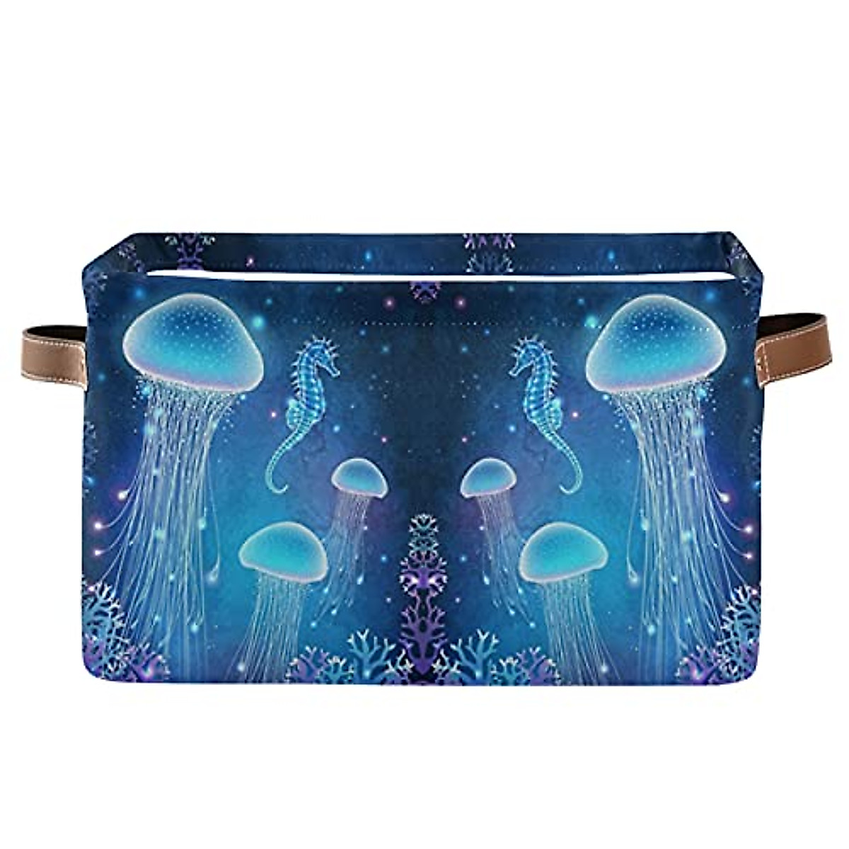 Oyihfvs Glowing Blue Jellyfish Underwater Seahorse World Square Shelves Storage Basket Bin, Waterproof Laundry Hamper Bucket, Baby Nursery Organizer with Handles for Toys Clothes Room Closets