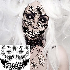COKTAK 4 Sheet Scary Halloween Face Tattoos For Women Men Adults, Fake Wound Scars Witch Makeup For Halloween Chucky Zombie Makeup Kit, 3D Spider Web Face Tattoo Sticker Halloween Face Decals Paint