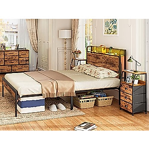 Furnulem Queen Bed Frame with LED Lights,Industrial Storage Headboard with Power Outlet and USB Port,Wood Platform with Strong Metal Support,No Box Spring Needed, Noise Free