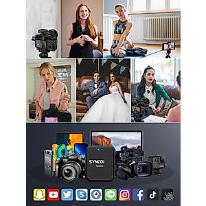 SYNCO Wireless Lavalier Microphones & System, G1(A2) 2.4G Dual Transmitter Lapel Mic 492FT 8H for YouTube Vlog Live Stream for Camera Smartphone Tablet, Wireless-Lavalier-Microphone-for-DSLR Camera