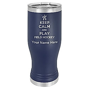 LaserGram 14oz Vacuum Insulated Pilsner Mug, Keep Calm and Play Field Hockey, Personalized Engraving Included (Navy Blue)