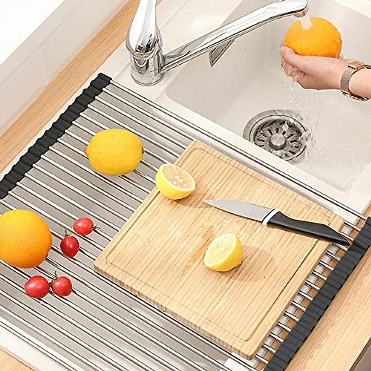 MGahyi Roll Up Dish Drying Rack, Over The Sink Drying Rack, Multipurpose 304 Stainless Steel Silicone Wrapped Steel Roll-Up , Folding Dish Rack for Kitchen Sink （Black, 17.3" x 13" ）