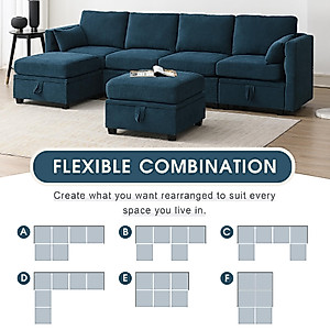 Ucloveria Chenille Modular Sectional, U Shaped Couch with Adjustable Armrests and Backrests,6 Reversible Sofa Bed with Storage Seats for Living Room, Apartment,Blue, Blue-109