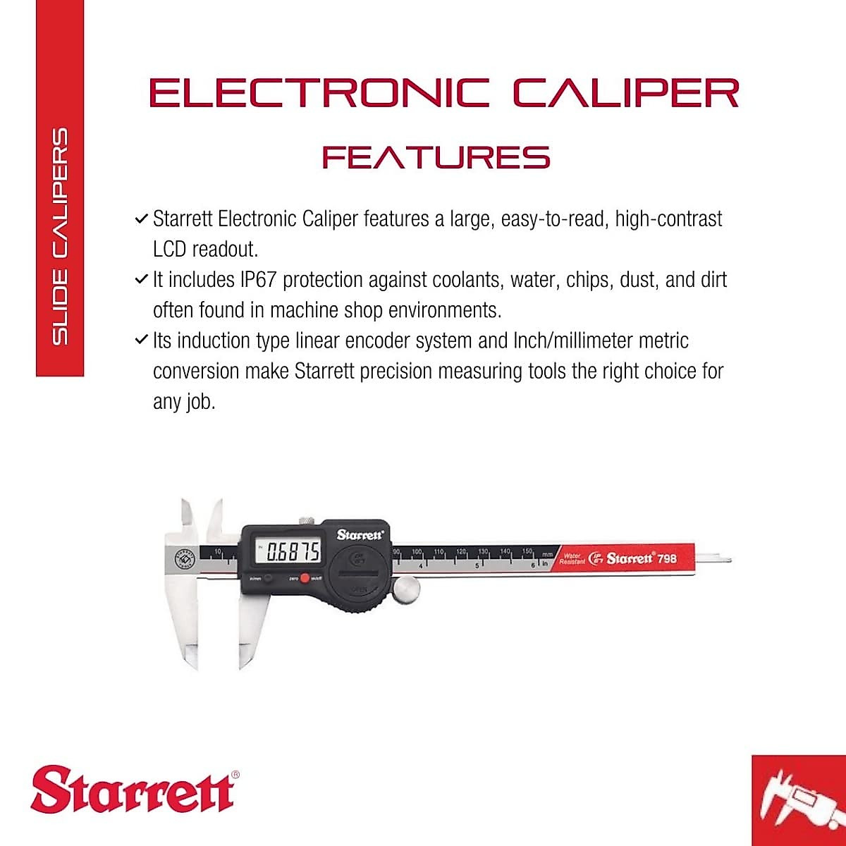 Starrett Stainless Steel IP67 Electronic Slide Caliper - 0-6" Range, .0005" Resolution, LCD Display, RS232 Output, Fine Adjustment, Slide Lock, in/mm Conversion - 798B-6/150