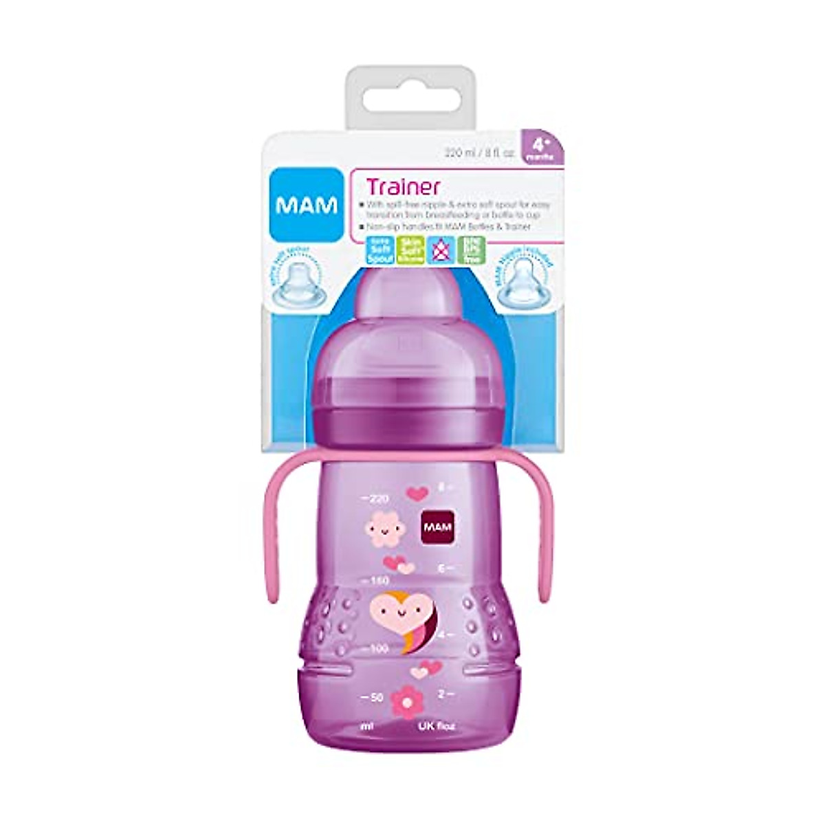 MAM Plastic Trainer Cup (1 Count), 8 oz. Trainer Drinking Cup with Extra-Soft Spout, Spill-Free Nipple, and Non-Slip Handles, for Girls 4+ Months, Designs May Vary