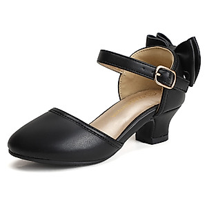 PANDANINJIA Girls Heels Sandals Toddler Flower Girl Dress Shoes Princess Mary Jane Pumps Low Heel Wedding Party Wendy Shoes for Little Kid/Big Kid Size 2, Black Pu