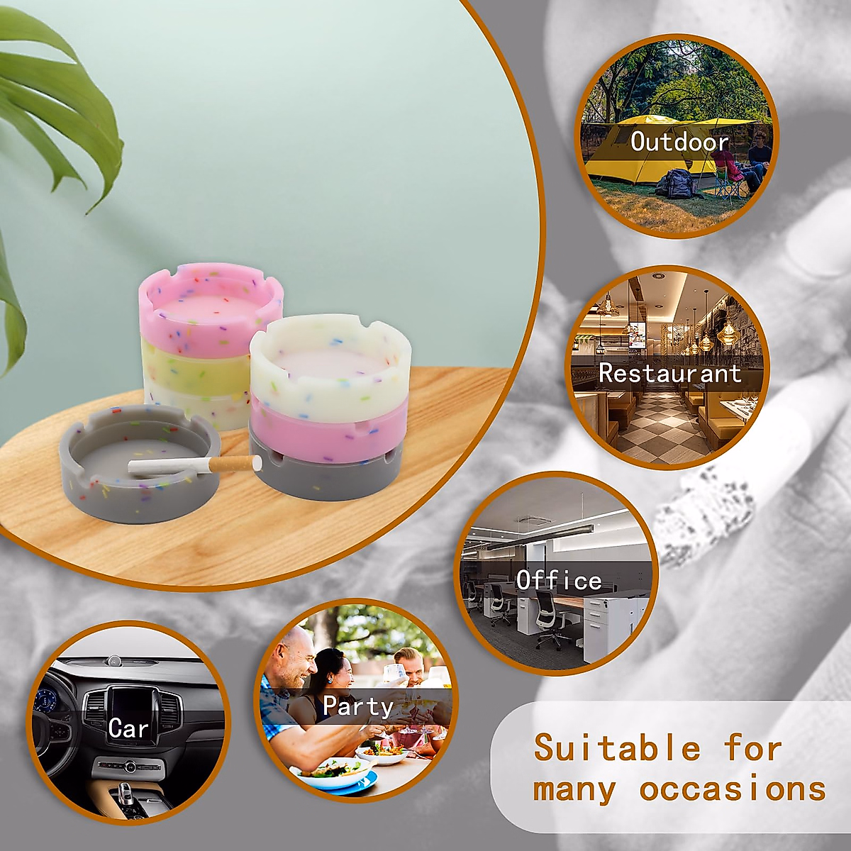 Luminous Silicone Ashtray, Premium Rubber High Heat Resistant Tray for Cigarettes, Glow in the Dark, Durable Round Ashtray for Patio, Office, and Outdoor/Indoor Use (pink+white)