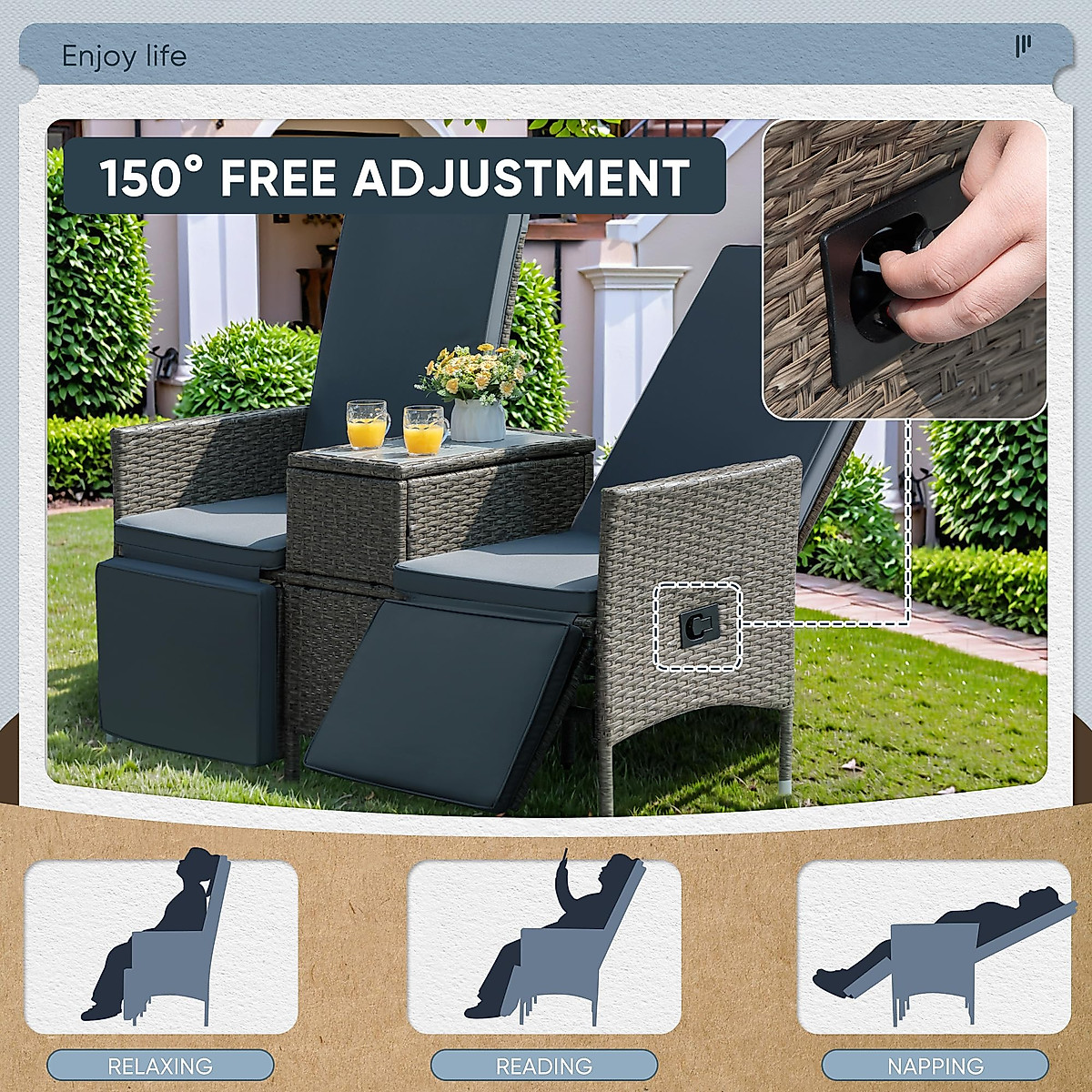 Devoko Patio Recliner Loveseat Chair, Adjustable Backrest Wicker Conversation Set with Table,Thick Cushion, Outdoor & Indoor Patio Recliners for Balcony, Porch, Living Room