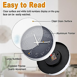 Inbagi 4 Pieces 10 Inch Quartz Silent Wall Clock Non Ticking Wall Clock, Battery Operated, Easy to Read, Round Modern Simple for Office Classroom School Home Living Room Bedroom Kitchen Decor, Gray