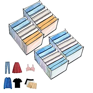 Wardrobe Clothes Organizer, Closet Pants Organizers for Jeans and Storage Baskets for Bedroom Dorm Room, 7 Grids Clothing Storage Bins, Washable Foldable Drawer Clothes Compartment Storage Box(2+2pcs)