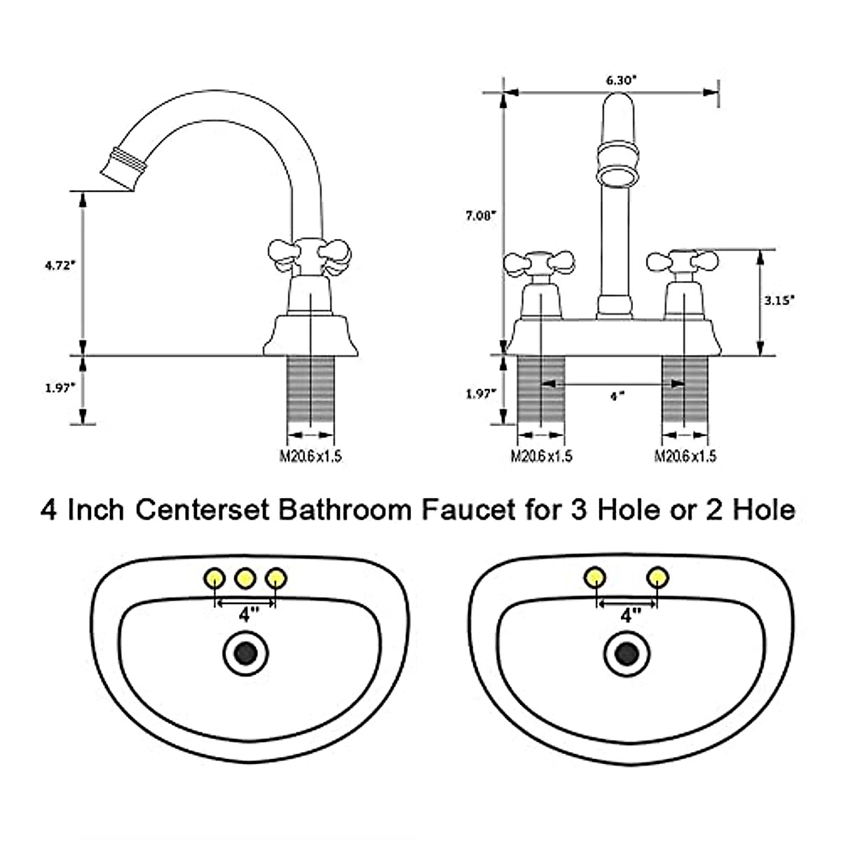 SHACO Brushed Nickel Bathroom Faucet, 4 Inch Centerset RV Camper Bathroom Faucet, 2 Cross Handle 360° Swivel Spout Lavatory Basin Bath Vanity Bathroom Faucets for Sink 3 Hole or 2 Hole