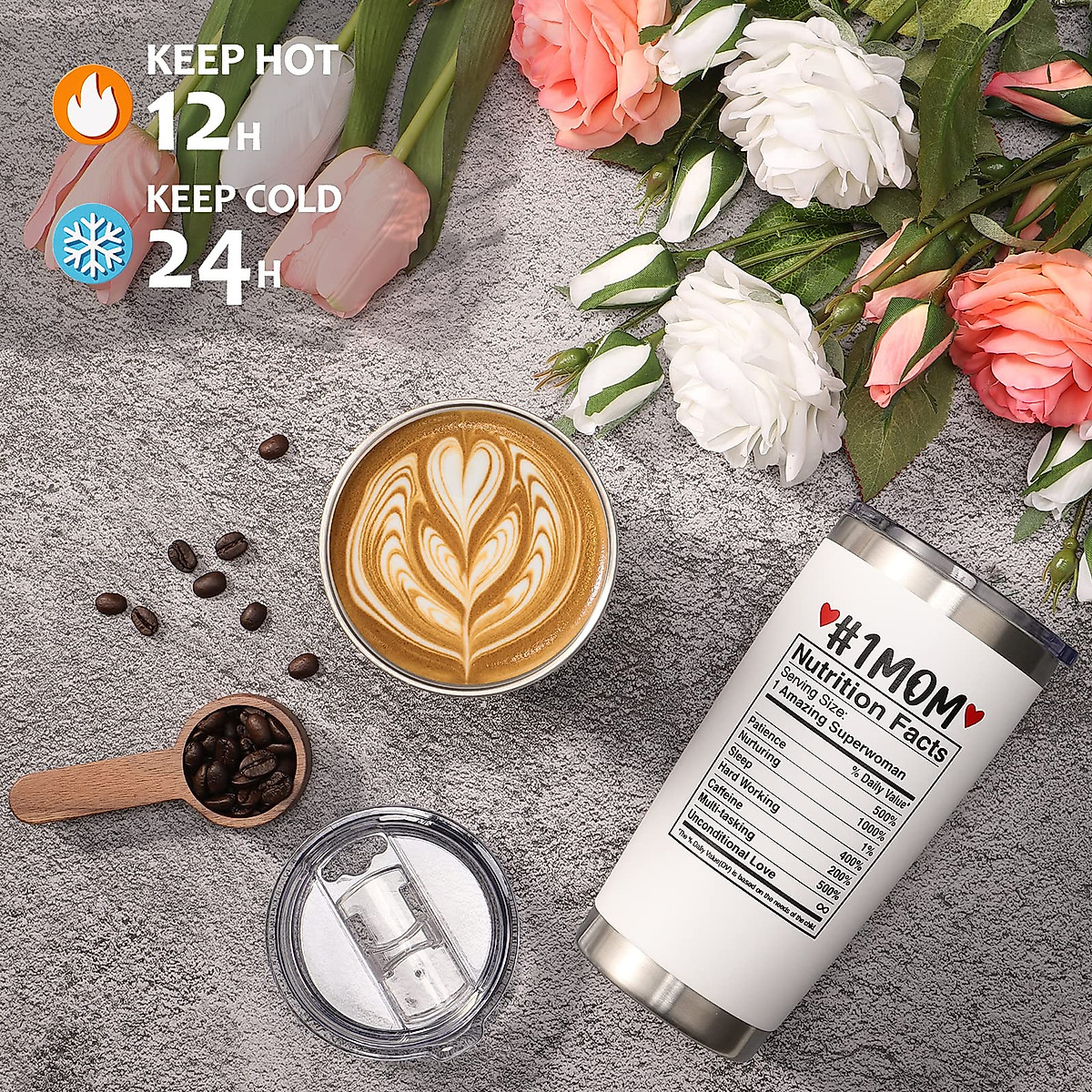 Fimibuke Gifts for Mom from Daughter, Son - 20 OZ Tumbler Mothers Day Gifts for Mom, Mother-in-Law, Wife, Women - Nutrition Facts Insulated Cups Funny Birthday Presents Boxed Gifts from Kids Husband