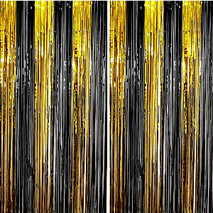 2 Pack 3.3 ft x 6.6 ft Gold and Black Metallic Foil Curtaion for Halloween Christmas Party Decorations Rain Curtains Background for Stage Decoration(Black Gold)