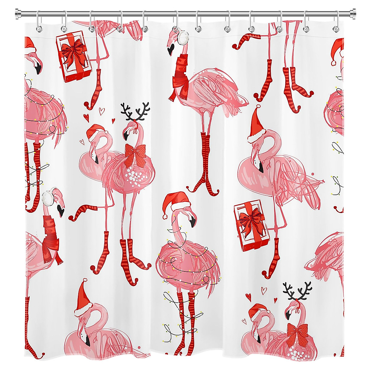 HVEST Christmas Flamingo Shower Curtain for Bathroom Decor, Pink Bird Flamingo and Gift on White Shower Curtain with Hooks, Tropical Christmas Bathroom Curtains Shower Set, 72L x 72W inches