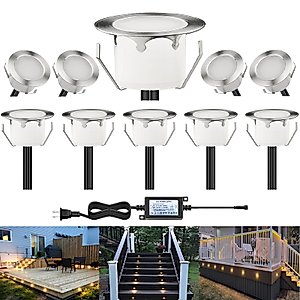 CHNXU LED Outdoor Deck Lights Kits, Φ1.77in Warm White 10 Pack Silver, Low Voltage 12V DC IP67 Waterproof, Electric Wired Recessed Exterior Stair Step Riser Landscape Lighting for Outside Floor Yard