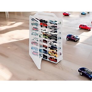 Double Sided Storage Case for 46 Hot Wheels, Matchbox Cars, Small Action Figures, Crafts; Portable Transparent Storage Case with 46 Compartments, Case Only (Transparent)