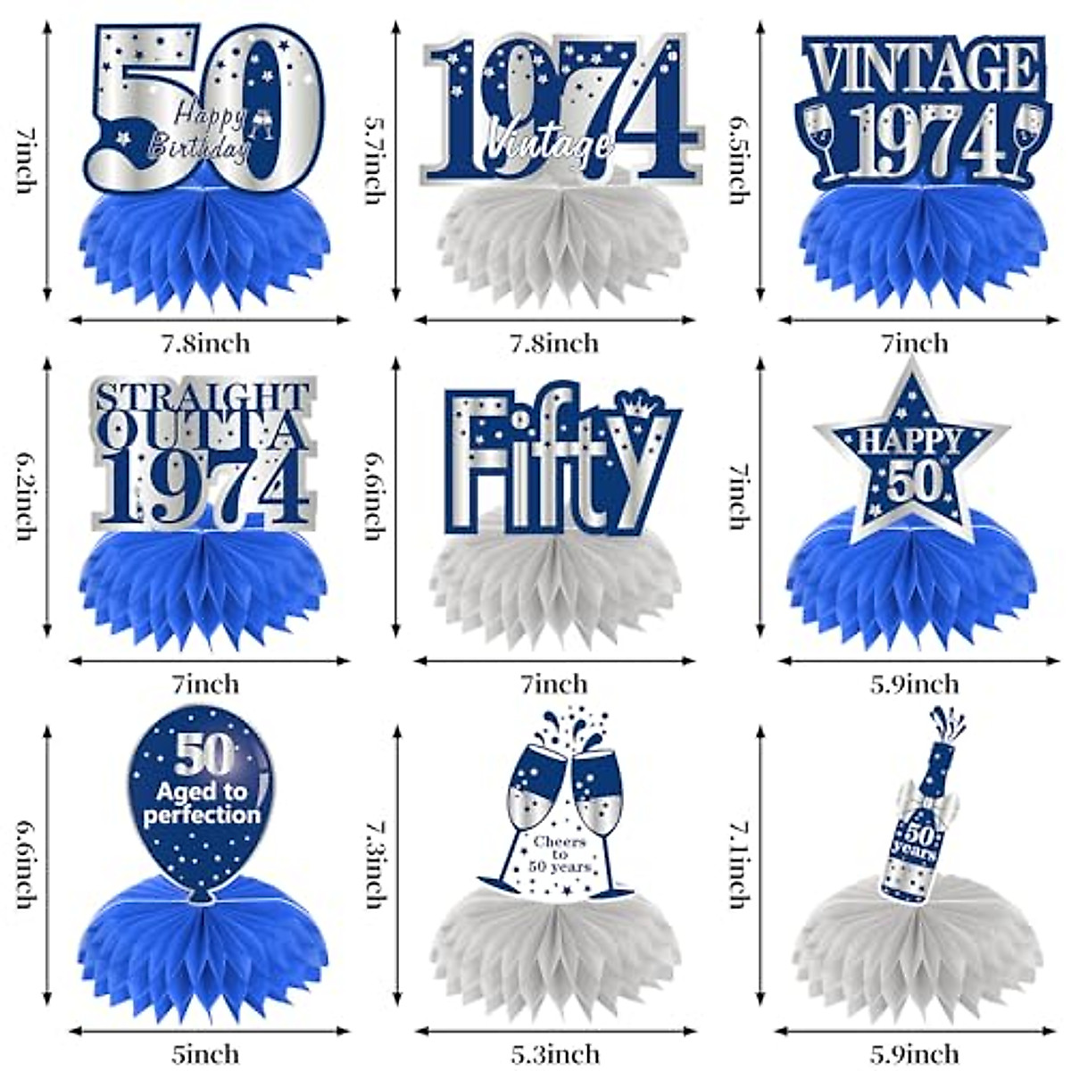 Bumqviy 9Pcs Happy 50th Birthday Honeycomb Decorations with String Lights for Men, Blue Silver Vintage 1974 Aged to Perfection Table Centerpiece Party Supplies, Fifty Years Birthday Table Sign Decor