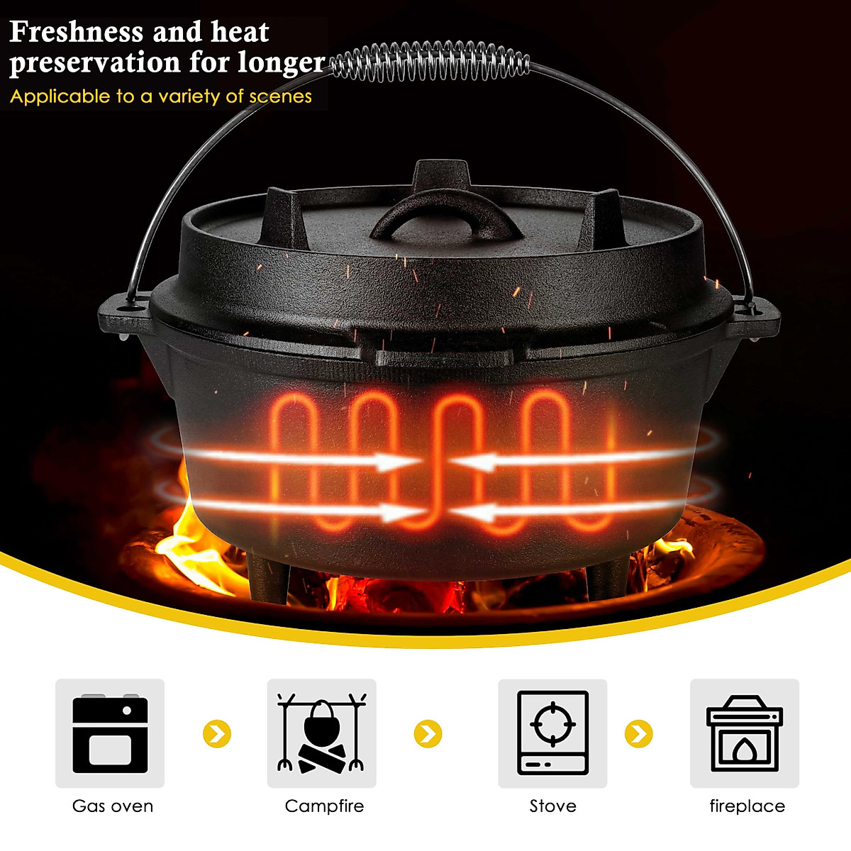 Leonyo Cast Iron Dutch Oven with Lid, 5QT Dutch Oven Camping with Lid Lifter, 2 In 1 Cast Iron Pot with Lid Handle, Pre-Seasoned Dutch Oven Pot for Camping BBQ, Bread Baking