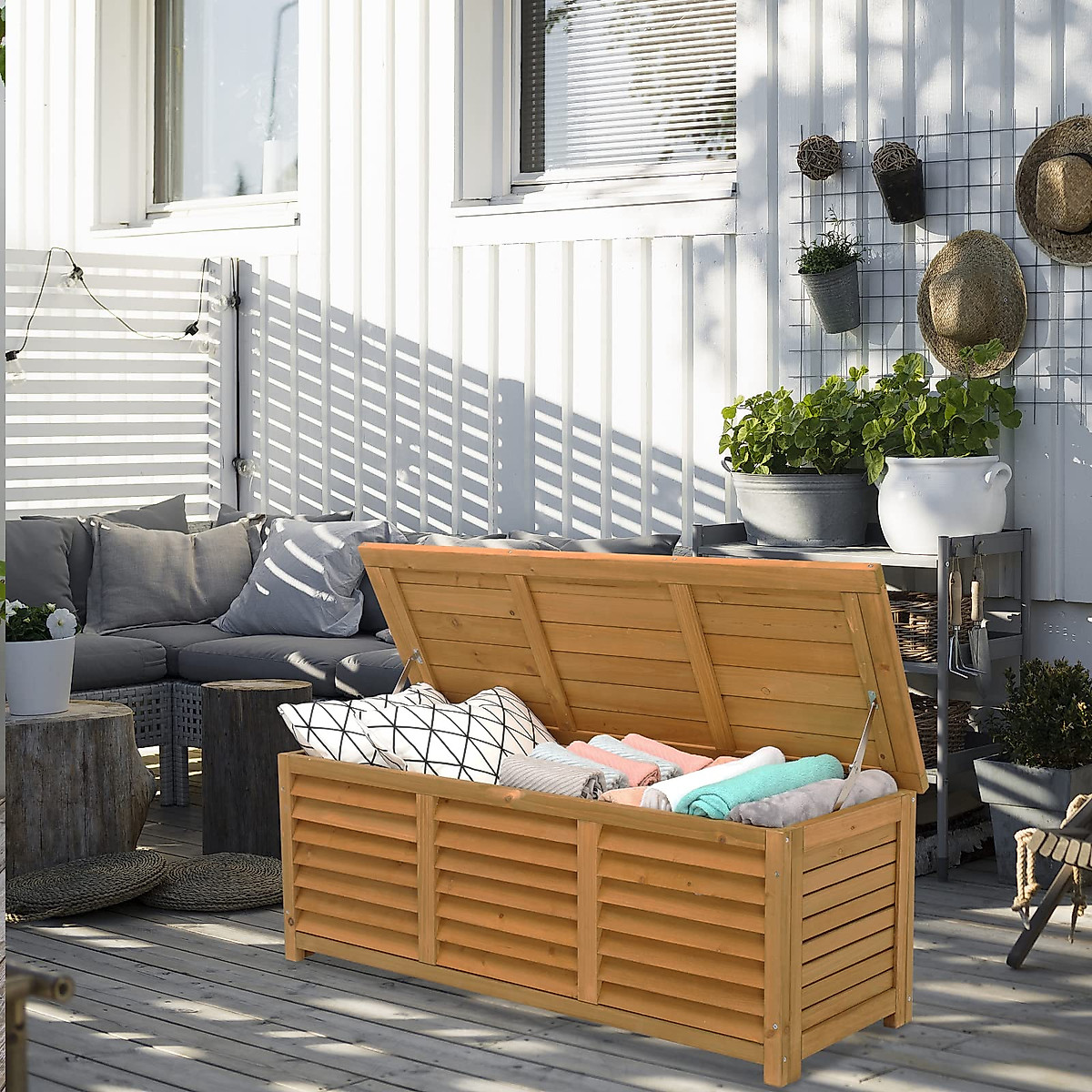 VINGLI 47 Gallon Wood Deck Box, Outdoor Storage Box for Tools, Cushions, Patio Storage Bench Container for Backyard, Porch, Garden (Natural)