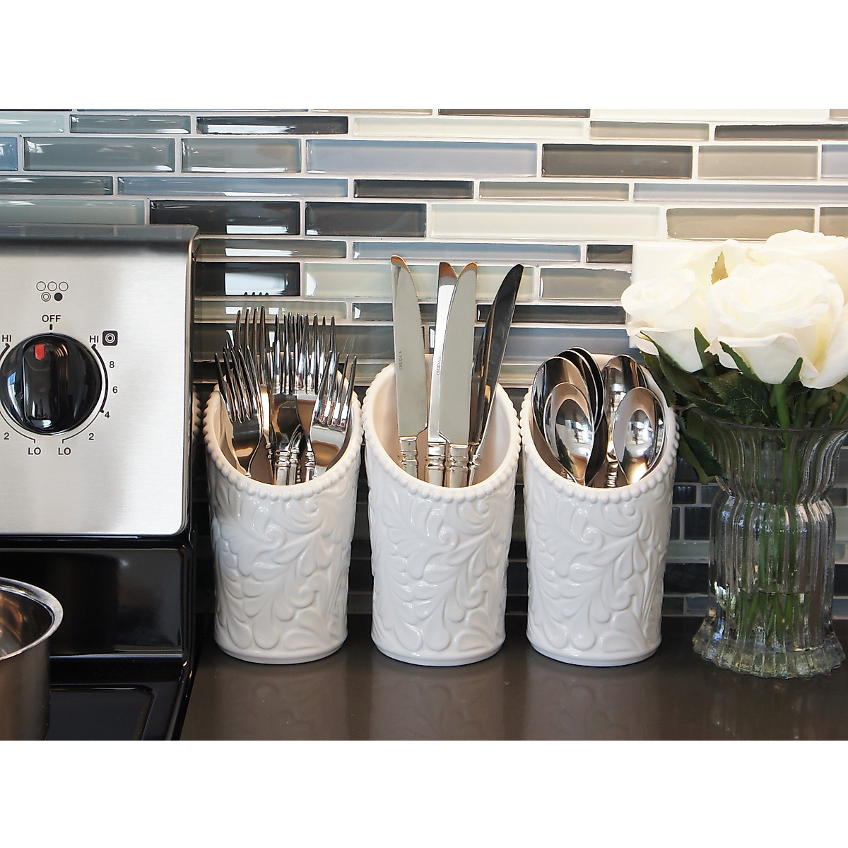 iEnjoyware Kitchen Tool Crock (4 Pieces) - 3 Ceramic Utensil Holders (4" Dia x 7" H each) & 1 Metal Caddy - White & Embossed Design