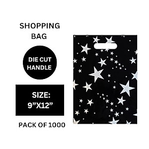 InfinitePack Large 9"x12"(100pcs) Silver Stars Printed on Black Thank You Merchandise Bags , Die Cut Handles, Retail Shopping Bags for Boutique, Goodie Bags, Gift Bags Bulk, 9"x12",100 Pack