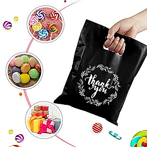 KDPATFAV 70 PCS 9" x 12" Plastic Merchandise Bags Shopping Bags with Thank You Logo Boutique Bags with Handles for Birthday Party Baby Shower Wedding Trade Shows and More (Black)