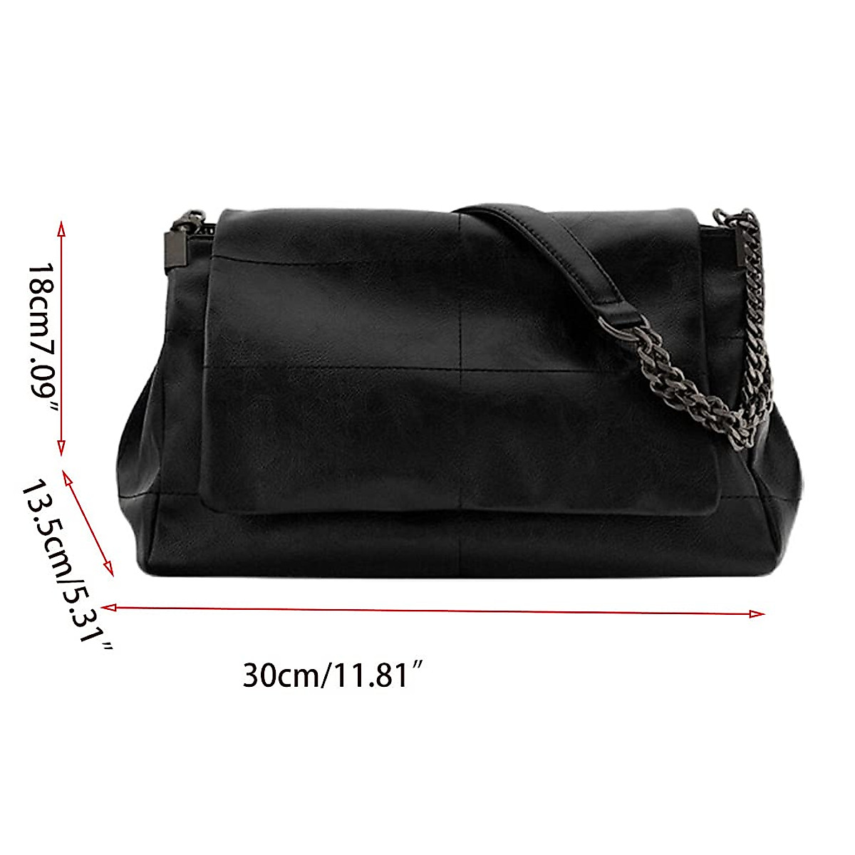 Womens Vintage Black Rock Style Flap Single Shoulder Bag with Chain Strap Faux Leather Luxury Zipper Messenger Handbag Pack Purse Chain Strap Faux Leather Purse