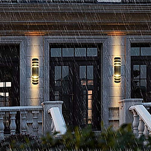 Outdoor Wall Sconce Porch Cylinder Light, Modern Exterior Up and Down Wall Light Waterproof with Aluminum of Matte Black Finish and Toughened Glass for Patio, Garage, E27 Base