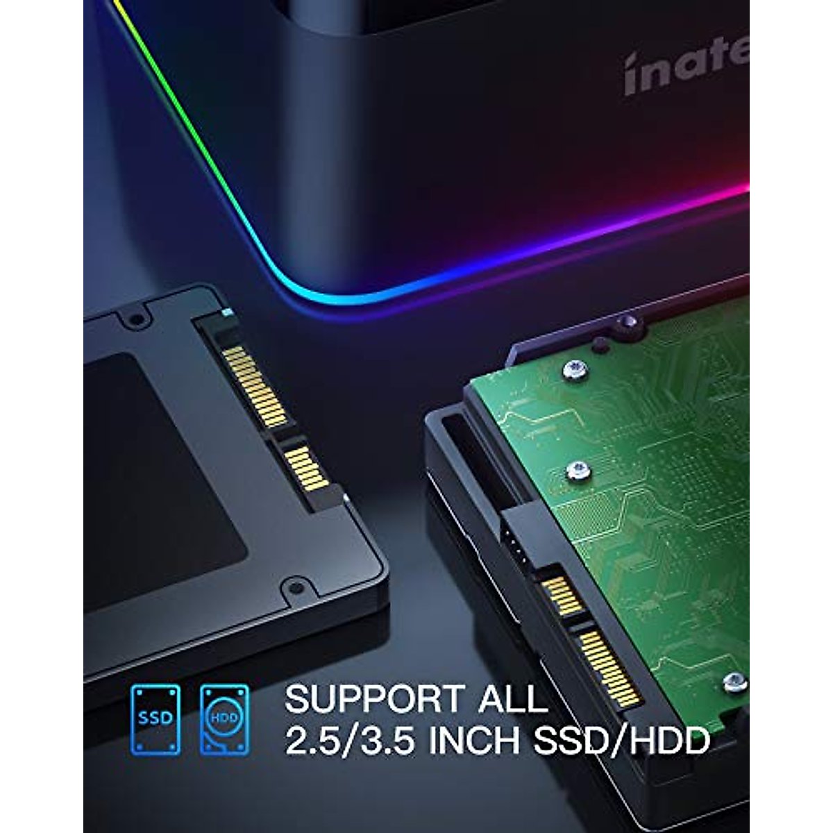Inateck RGB SATA to USB 3.0 Hard Drive Docking Station with Offline Clone, for 2.5 and 3.5 Inch HDDs and SSDs, UASP Supported, Black SA02003