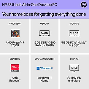 HP 23.8 inch All-in-One Desktop PC, FHD Display, AMD Ryzen 7 7730U, 16 GB RAM, 512 GB SSD, AMD Radeon Graphics, Windows 11 Home, 24-cr0090 (2023)