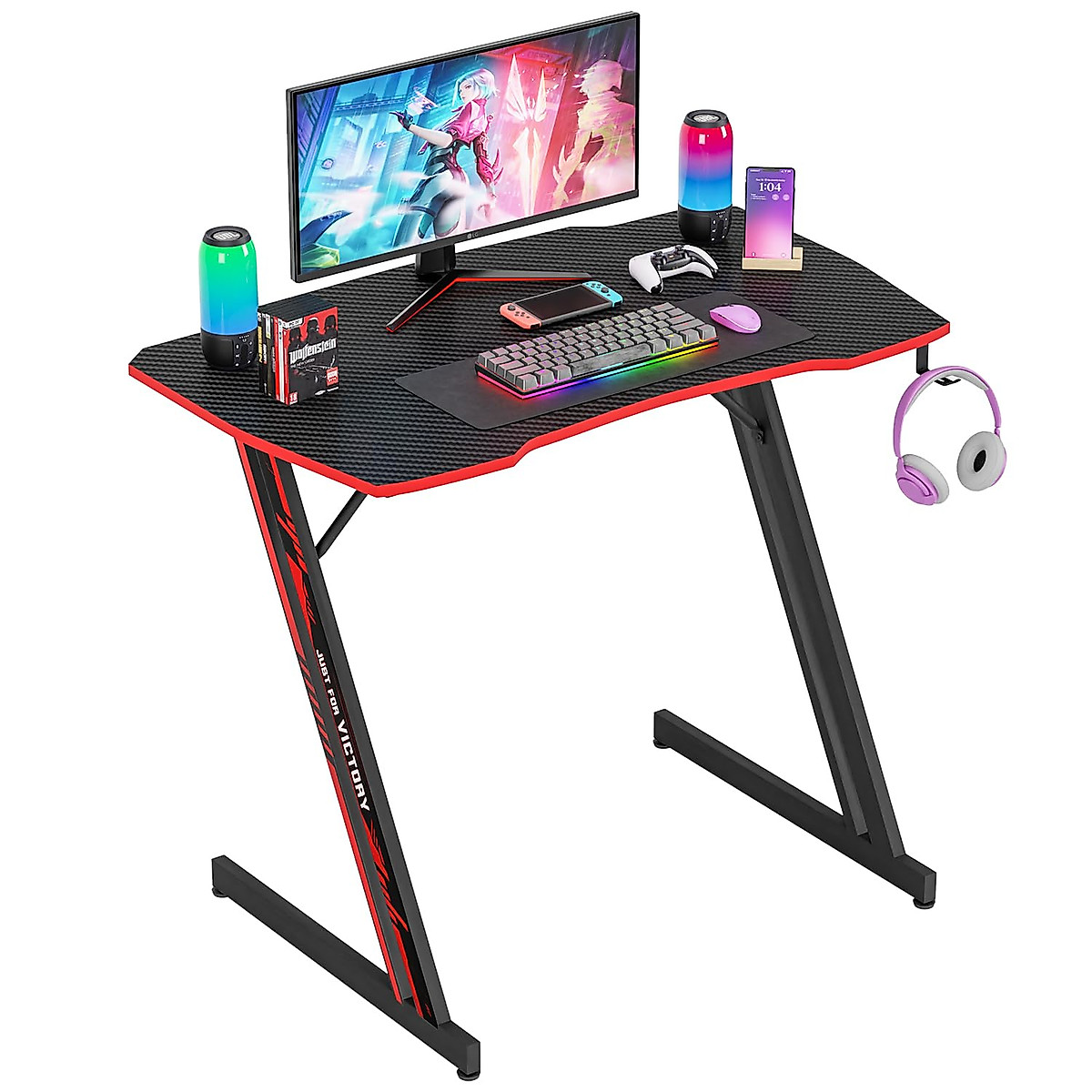 PayLessHere 35 Inch Modern Z-Shaped Gaming Desk Computer Desk for Home Office with Headphone Hook - Sturdy Workstation Table with Spacious Desktop,Red