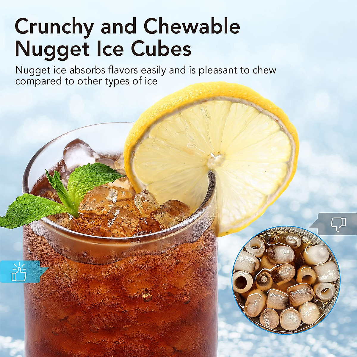 Zstar Nugget Ice Maker, Stainless Steel Countertop Ice Machine with 44Lbs/24H Output, Crunchy Sonic Ice Maker Machine, Self-Cleaning Portable Ice Maker with Freestanding Ice Scoop for Home,Office,Bar