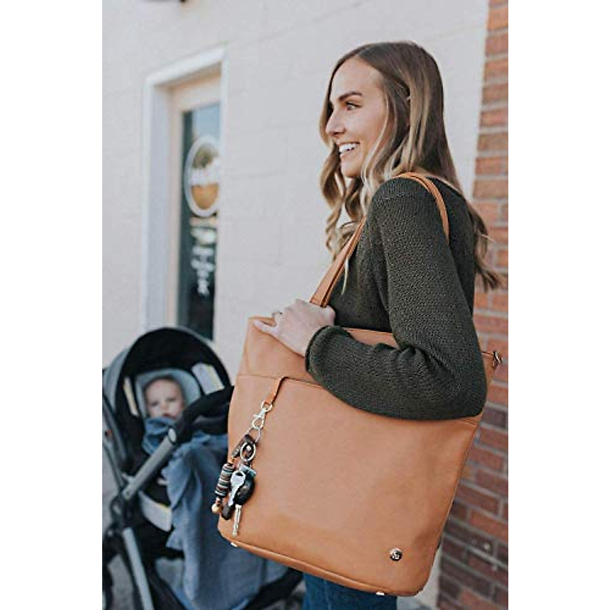 Little Unicorn Citywalk Tote – Diaper, Work, Travel Bag with Changing Pad - Premium Vegan Leather – 6 Interior Pockets – Wipes Clean Inside & Out (Cognac)