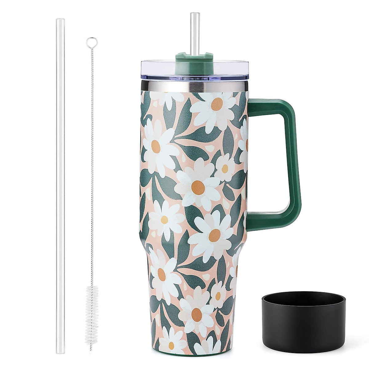 40 oz Tumbler with Handle and Straw, Flowers Insulated Travel Mug Iced Coffee Cup, Reusable Stainless Steel Insulated Water Bottle, Keeps Drinks Cold for 34 Hours, Dishwasher Safe, BPA Free