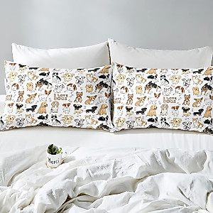 Dog Fitted Sheet I Love Dogs Bedding Sets Pug Corgi Shiba Puppy Fitted Bed Sheets For Kids Boys Girls Kawaii Animals Cartoon (No Top Sheet) (1 Fitted Shhet and 1 Pillow Case) Bedroom Decor Twin Size