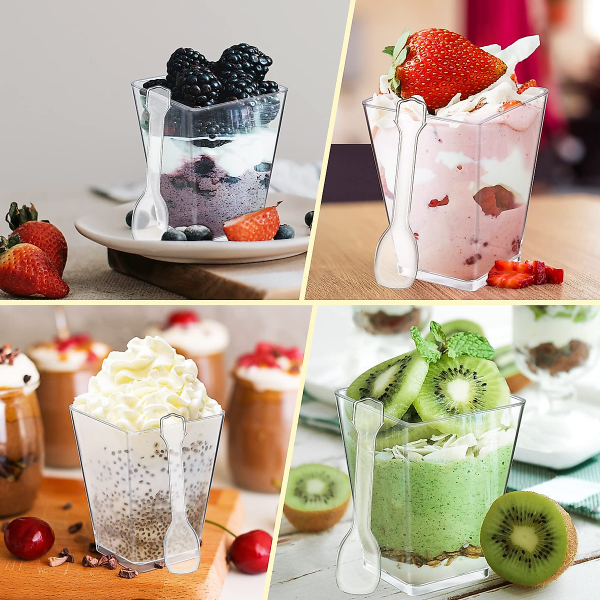 Eupako 100 Pack 5 oz Square Clear Plastic Dessert Cups with Spoons Small Tumbler Great for Desserts, Appetizers, Puddings, Mousse, Parfait