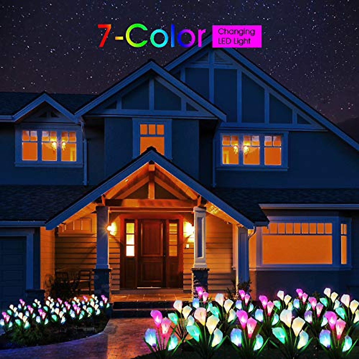 KOOPER Solar Lights Outdoor Decorative, 4 Pack Solar Garden Lights with 16 Calla Flowers 7 Color Changing LED Soalr Powered Outdoor Lights, Waterproof Solar Lights for Garden Patio Yard Decoration