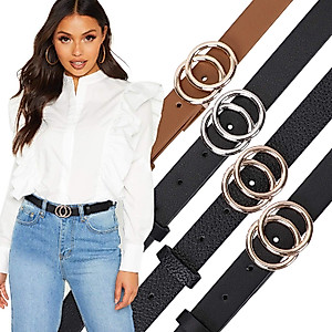 SANSTHS Double Ring Black Leather Belts for Women Gold Buckle Thin Dress Belt for Jeans Pants, Black S