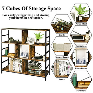 LAVIEVERT 3-Tier Square Bookcase, Standing Bookshelf Display Cabinet with 7 Open Storage Shelves Decor Furniture for Living Room, Bedroom, Home Office - Rustic Brown