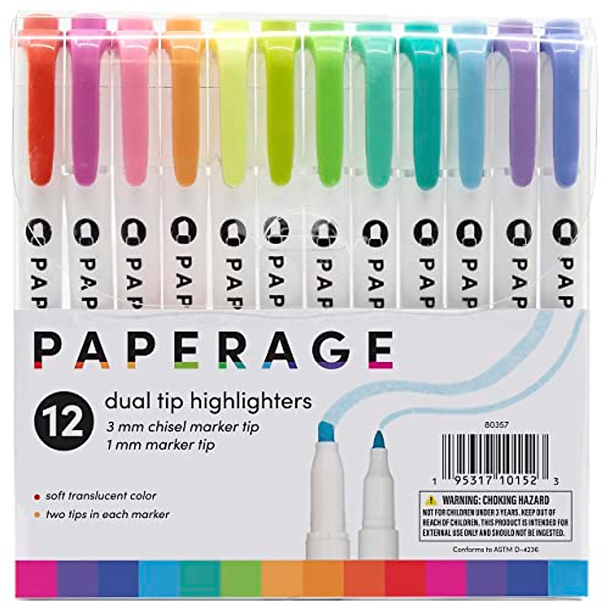 PAPERAGE Dual Tip Highlighters (3.0mm Chisel Tip + 1.0mm Round Tip), Pastel, 12 Pack Dual Tip Brush Pen Set for Highlighting Notes, Drawing, Hand-Lettering, Pens Highlight Markers Journaling and More