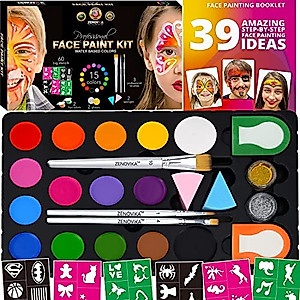 Zenovika Face Paint Kit for Kids - 60 Jumbo Stencils, 15 Large Water Based Paints, 2 Glitters - Halloween Makeup Kit, Professional Face Paint Palette, Safe for Sensitive Skin, Face Painting Book