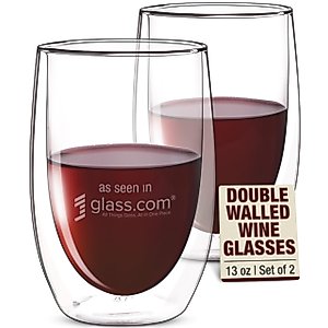 Eparé Stemless Wine Glasses - 13 oz Set of 2 Double-Walled Hand Blown No Stem Wine Glasses - Stemless Red & White Clear Wine Glass Tumblers for Wedding