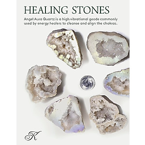 KALIFANO Angel Aura Quartz Geode - Titanium Bonded High Energy Crystal Cuarzo Cluster/Druzy with Information Card - Natural Reiki Rock Used for Clarity and Purpose (Family Owned and Operated)