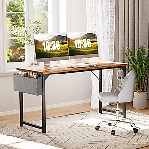 Sweetcrispy Computer Desk - Office 48 Inch Writing Work Student Study Modern Simple Style Wooden Table with Storage Bag & Iron Hook for Home Bedroom - Rustic Brown