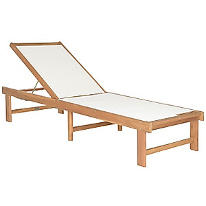 SAFAVIEH Outdoor Collection Manteca Brown Solid Wood/White Texline Fabric Adjustable Chaise Lounge Chair (PAT6708A)