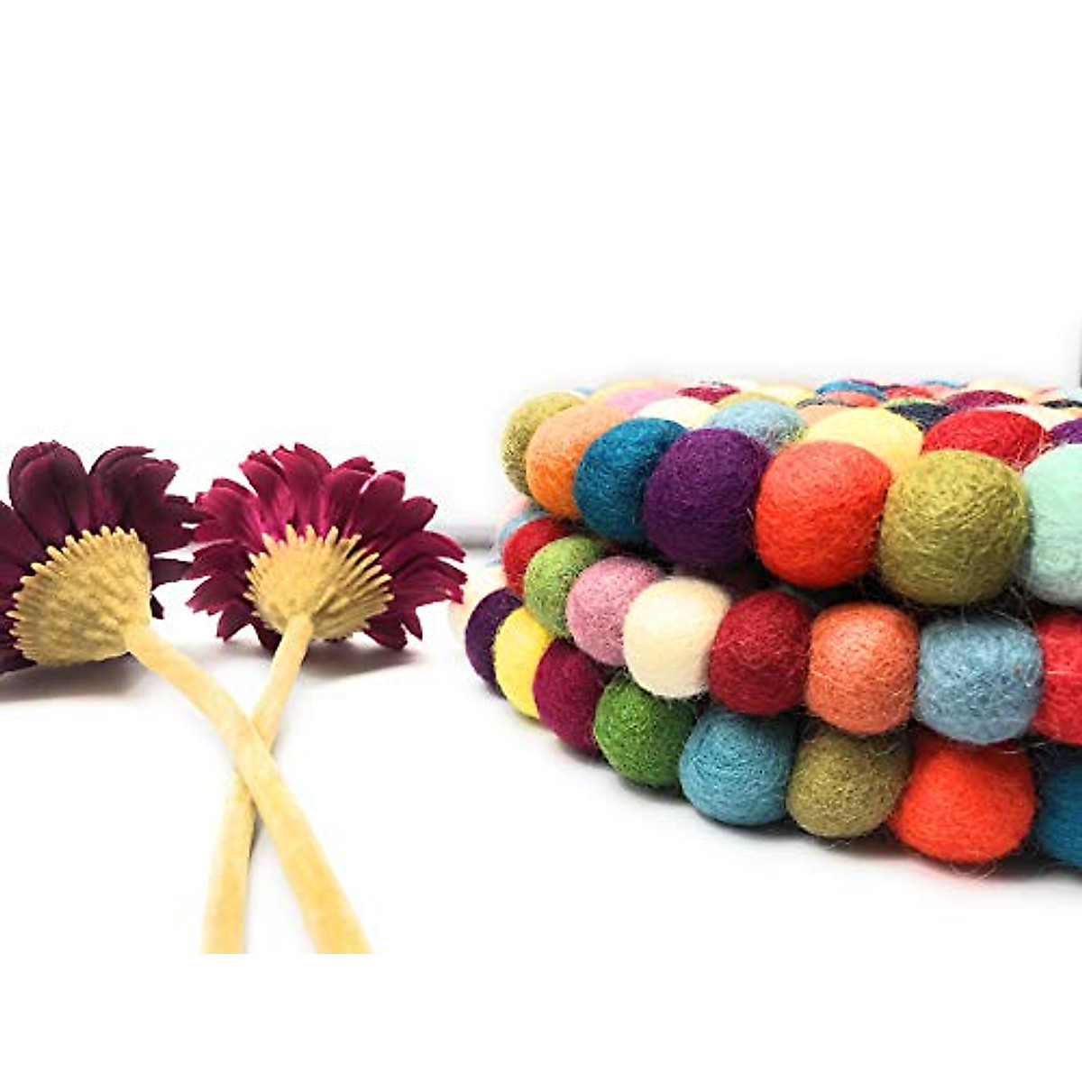 Handmade, Colorful, Heat Resistant, Durable Felt Balls Trivet (Pot Mat, Pot Holder for Hot Dishes) - Single Piece (Multi-Color, Round)