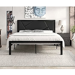 SHA CERLIN Modern Queen Size Metal Bed Frame with Geometric Litchi Grain Leather Upholstered Headboard, Platform Bed with 12" Under-Bed Storage Space, Metal Slat Support,No Box Spring Needed, Black