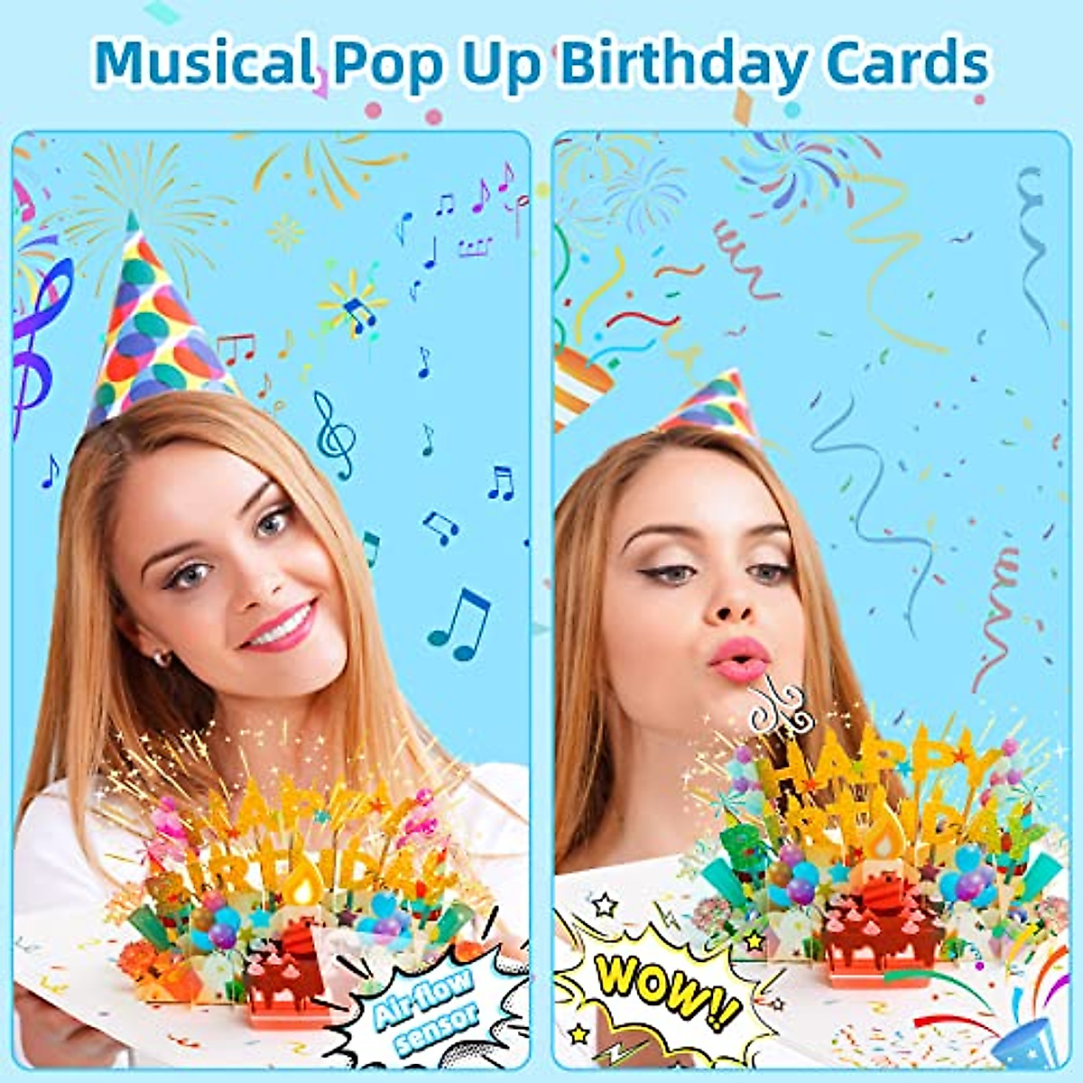 Vocavi Musical Birthday Pop-Up Card with Light & Blowable Candle, 3D Funny Birthday Card with Song 'HAPPY', Applause Cheers Sound Effect, Birthday Gift Greeting Cards for Kids Men and Women