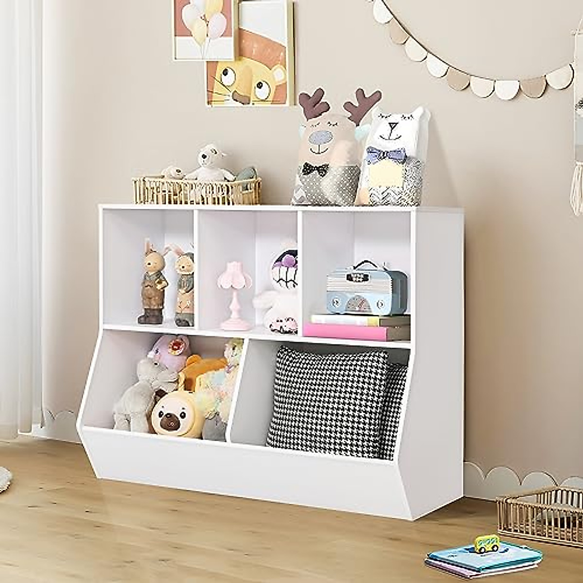 Iwell Toy Storage Cabinet with 3 Drawers, Kids Bookshelf, Kids Toy Organizer, 8 Cubicles, Bookcase Footboard, Bookshelf for Kids, for Playroom, Bedroom, Nursery, School, White