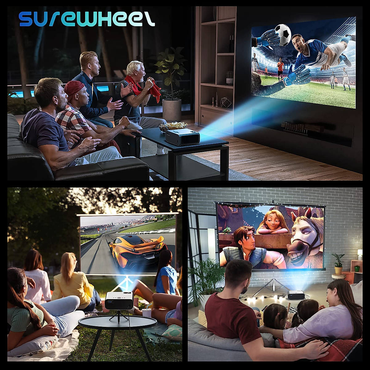 SUREWHEEL Projector, 1080P Native Projector with WiFi and Bluetooth, 12000 Lumens Bluetooth Projector 220" Display, Outdoor Movie Projector Compatible with TV Stick/HDMI/iOS/Android